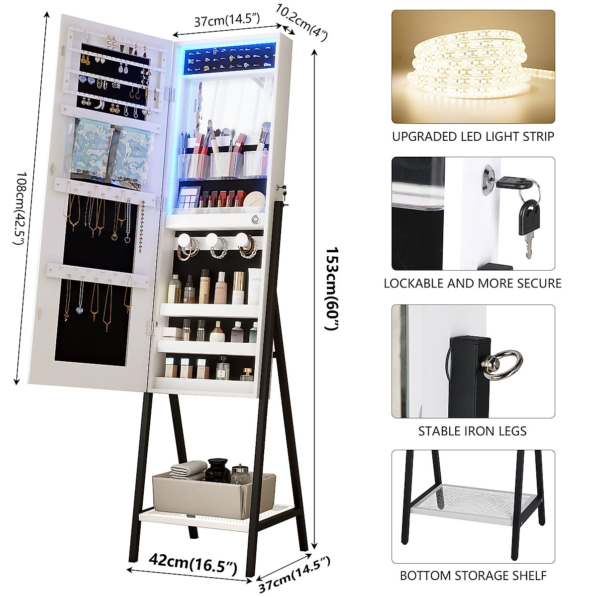 Vlsrka Mirror Jewelry Cabinet Standing with LED, Jewelry Mirror Full Length with Built-in Makeup Mirror & Lights, Large Jewelry Armoire Cabinet for Earrings Necklaces Cosmetic (White)