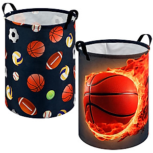 Yoande 2 Pack Sports Basketball Laundry Hamper Waterproof Kids Laundry Basket Boy Toy Storage Dirty Clothes Organizer Round Nursery Boy Laundry Basket for Bathroom Bedroom Dorm, 17.3 x 13.8 in