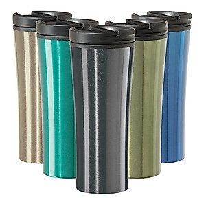 Oggi CONTOUR Stainless Steel Travel Tumbler - Black, 16 oz, with flip open lid for hot and cold beverages.