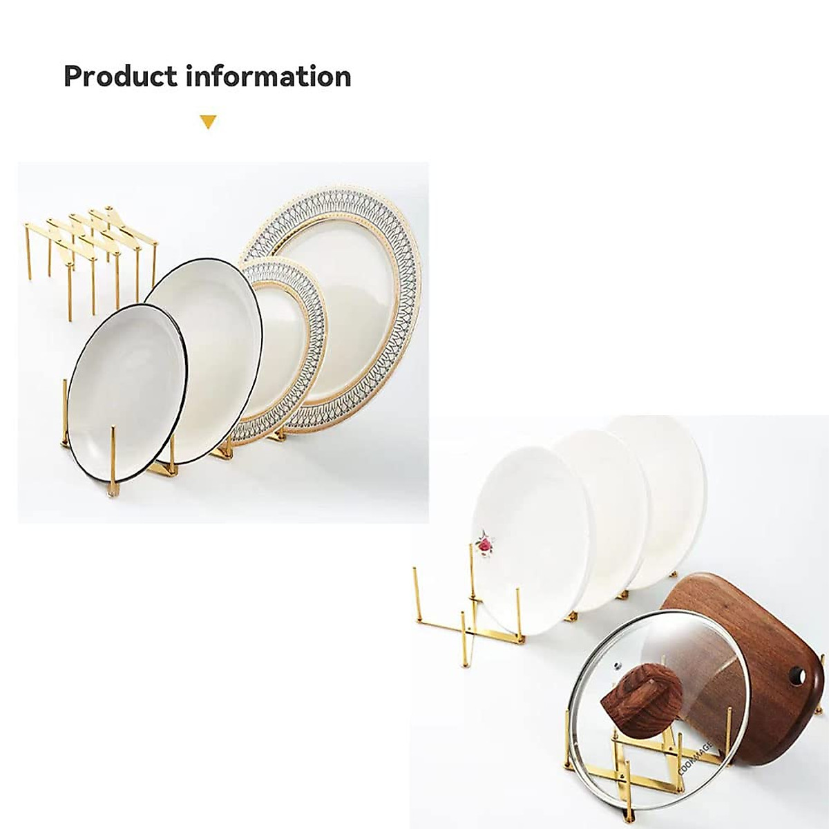 YEZILUU 2Pcs Gold Stainless Steel Plate Rack, Glass lid Plate Organizer, Displayable Collapsible Pot lid Plate Premium Display Rack, Kitchen Essentials.