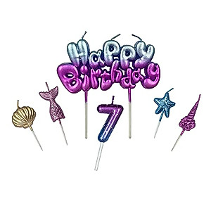 NKADKNS Mermaid Birthday Cake Candles Set, 2.55-4.75 inch Hight, Number + Word + Mermaid 6 in 1 3D Gradient Color Cake Decoration Candles, Cake Topper for Party/Anniversary/Baby Shower/Birthday (7)