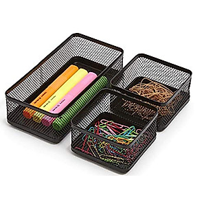 1InTheOffice Desk Baskets and Organizers Tray, Black Mesh Tray, Black Wire Mesh, 3-Compartment Stackable