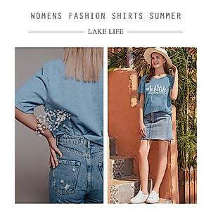 Dapiaoliang Lake Life Shirts for Women Funny Vacation Graphic Tee Casual Summer Short Sleeve Blouses Round Neck Loose Tunic Top Ink Blue, Small