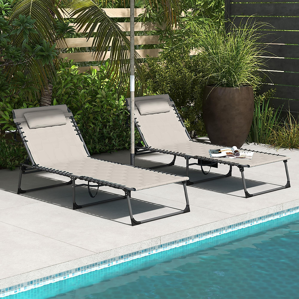 Outsunny Folding Chaise Lounge Set of 2 with 5-Level Reclining Back, Outdoor Lounge Tanning Chair with Padded Seat, Side Pocket & Headrest for Beach, Yard, Patio, Khaki