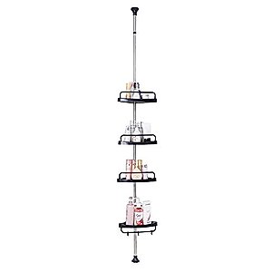 BAOYOUNI 4-Tier Shower Corner Caddy Tension Pole Adjustable Bathroom Shelf Floor to Ceiling Storage Rack Organizer Holder - No Drilling - Black