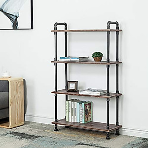 WGX Design For You Industrial Bookcase, Solid Pine Open Wood Shelves, Rustic Modern Industrial Pipe and Solid Wood Style Bookshelf (4-Layers)