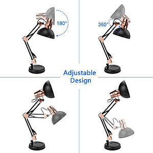 PowerKing Metal Swing Arm Desk Lamps, Adjustable and Flexible, Feading with Base and Clip 2-in-1 Function, Fit E26&E27 Bulbs Base, Application in Bedroom Living Room, Office Home (Black+Rose Gold)