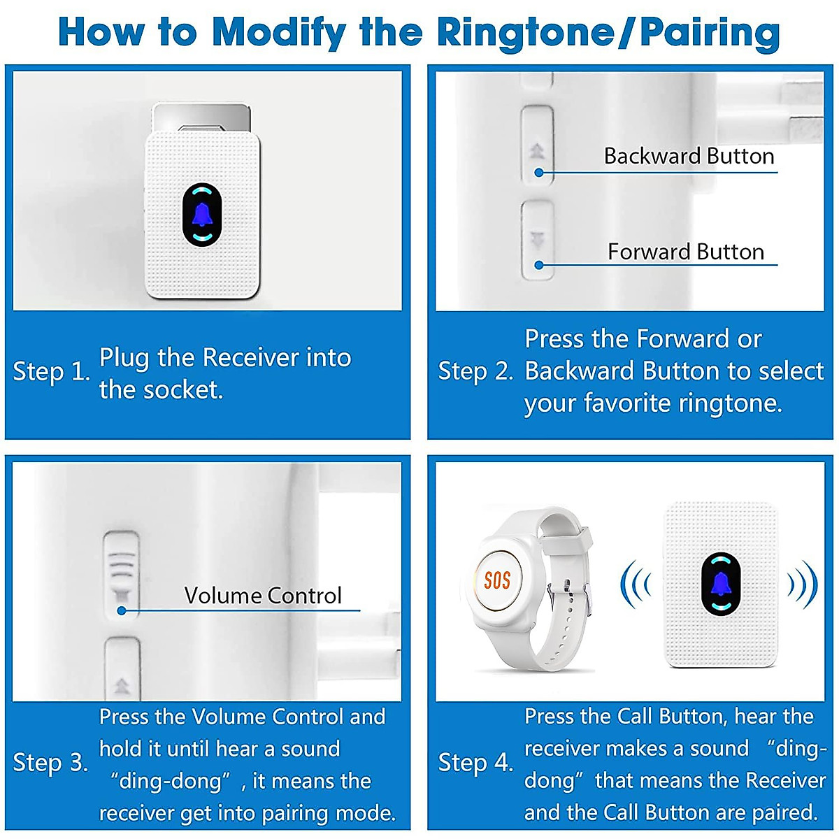 Daytech Wireless Caregiver Pager Call Button Elderly Medical Nurse Alert System for Elderly Monitoring/Seniors with 2 SOS Call Panic Buttons & 2 Watch Pagers, 500+Feet 3 Receivers