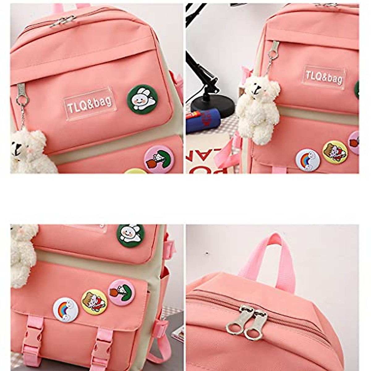 4PCS Canvas School Backpack Combo Set with Kawaii Teddy Bear Pendant Pin Cute Aesthetic Laptop Schoolbag Shoulder Tote Bag (Blue)