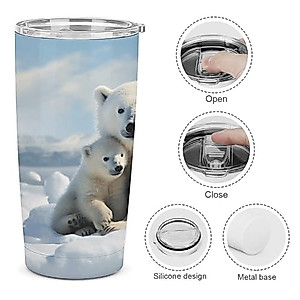 FHENMSA Stainless Steel Insulated Travel Coffee Mug,Cute Polar Bear Print Reusable Car Cup,Thermal Cup for Outdoor with Straw And Lid