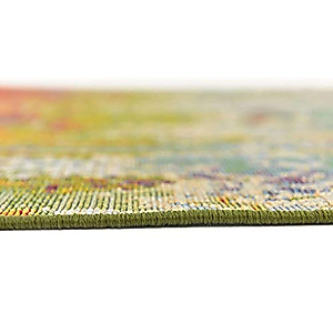 Unique Loom Modern Collection Rustic, Abstract, Distressed, Bright Colors, Indoor and Outdoor Area Rug, 6 ft 0 in x 6 ft 0 in, Multi/Green