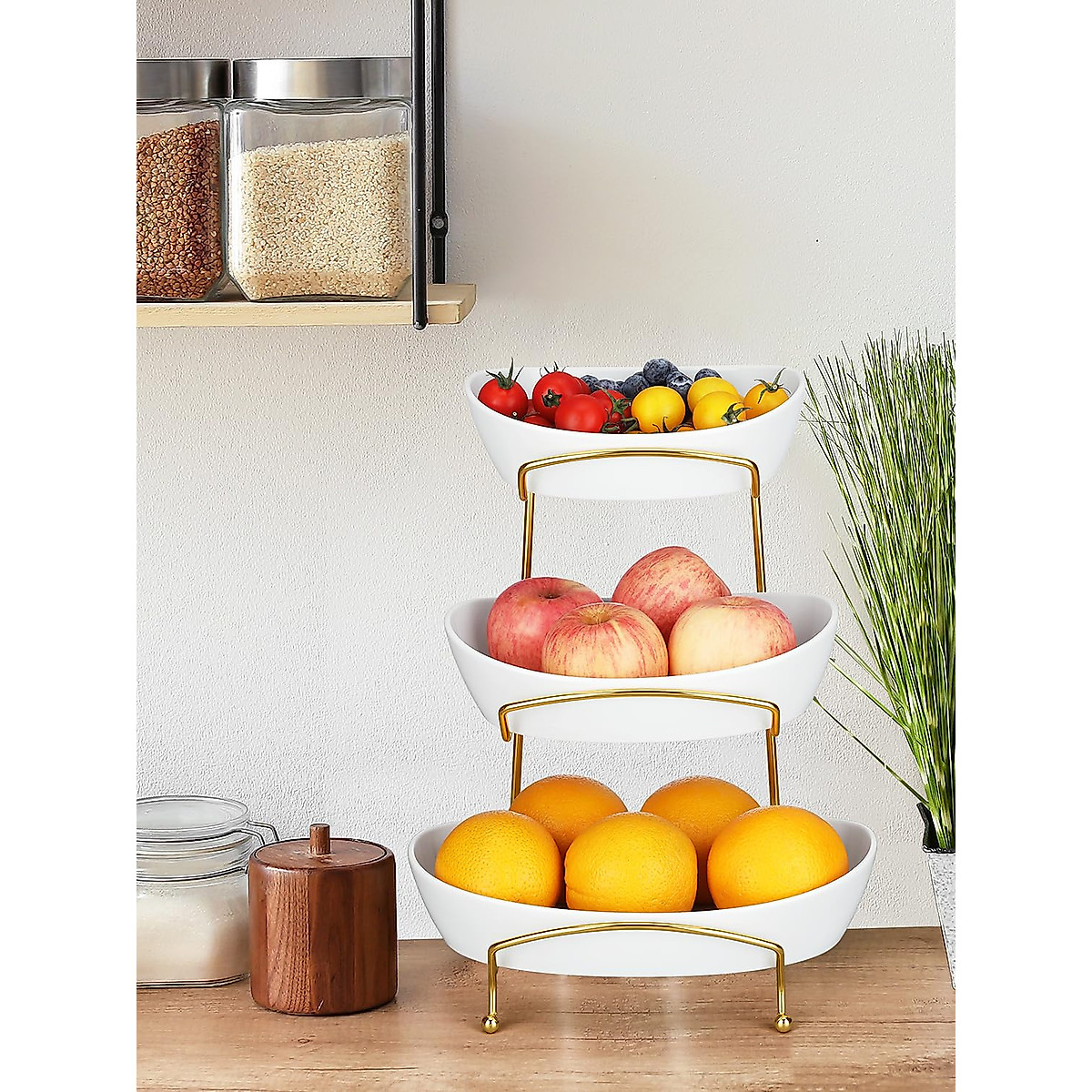 Yedio Fruit Bowls for Kitchen Counter, 3 Tier Ceramic Fruit Basket with Serving Bowls Metal Stand, Tiered White Porcelain Bowls for Fruit Vegetable Storage, Snack, Nuts, Cake, Dessert