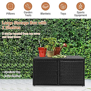RELAX4LIFE PE Wicker Storage Box - Outdoor 88 Gallon 2-Tier Deck Box for Patio Furniture Toys Storage w/Lid & Front Doors, All Weather Rattan Storage Bin for Backyard Garden Poolside Porch (Black)