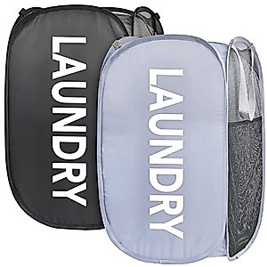 PASHOP Pop-Up Laundry Hampers, Collapsible Strong Mesh Popup Laundry Hamper with Durable Handles Folding Pop-up Clothes Laundry Basket (2pcs/Black+Grey)