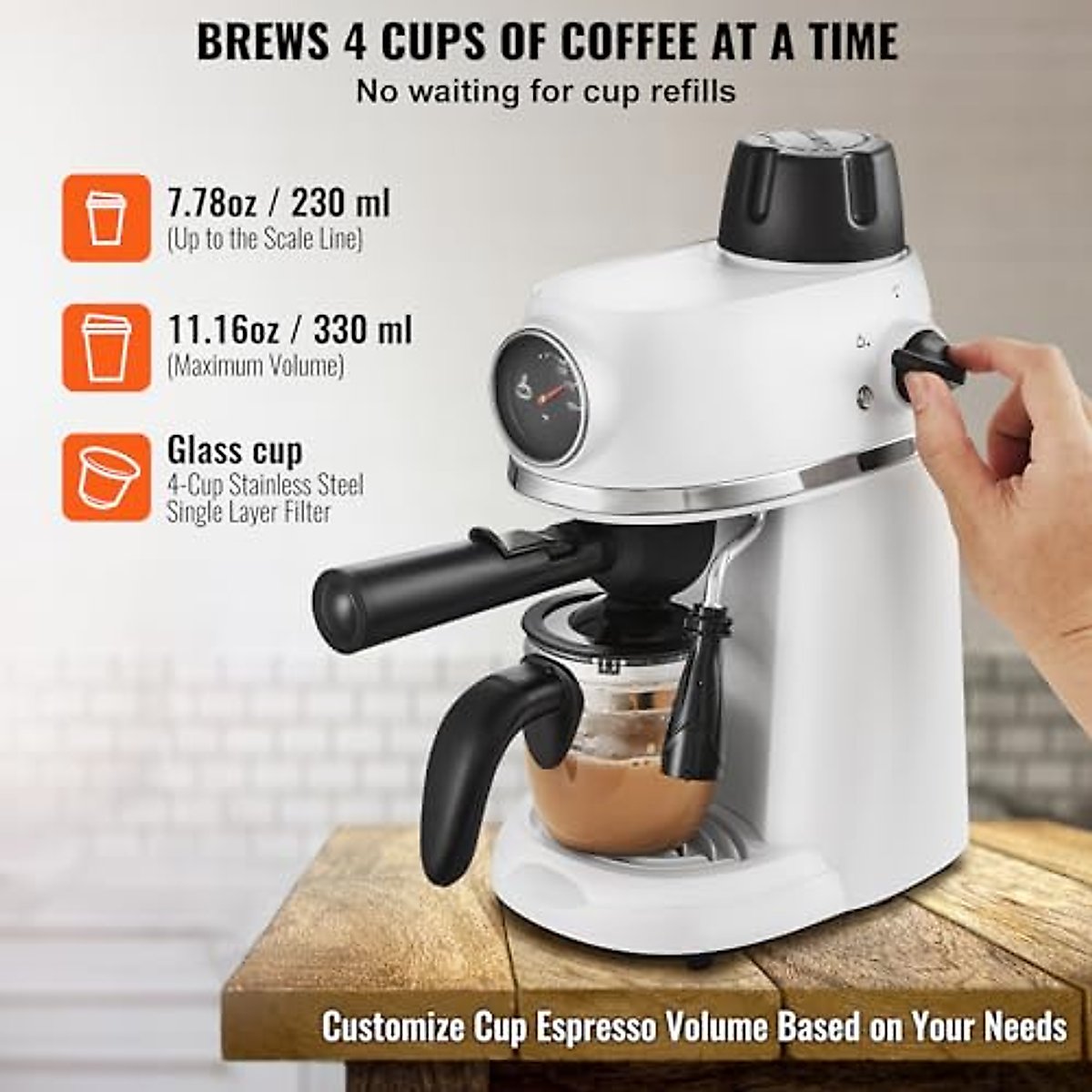 VEVOR Espresso Machine, 3.5 Bar Espresso Maker with Milk Frother Steam Wand, 4-Cup Professional Coffee/Espresso Machine with Temp Gauge for Latte Cappuccino, NTC Control System