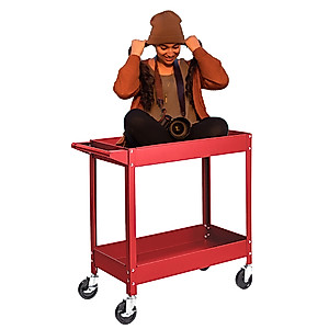 TCE Service Utility Cart Heavy Duty 2 Shelf Tier 300 LBs Rolling Trolley Storage Organizer for Garage Warehouse Workshop, APTC304U , Red