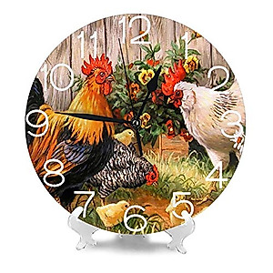 TazPrab Chicken Roosters Garden Flowers Painting Wall Clock Silent Non-Ticking 10 Inch Round Wall Clock Home Decor Clock Art for Living Room Kitchen Bedroom