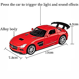 iLooboo Alloy Collectible Red Benz SLS AMG Toy Vehicle Pull Back Die-Cast Car Model with Lights and Sound