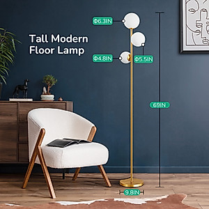EDISHINE 69in Gold Modern Floor Lamp for Living Room, Upgraded Dimmable 3 Globe Mid Century Standing Lamps, Built-in LED, Frosted Glass Shade, Luna Tall Pole Lamp for Bedroom, Hotel -Antique Brass