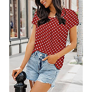 Women's Casual Round Neck Basic Pleated Business Tops Cap Sleeve Curved Keyhole Back Chiffon Blouse Red Polka Dots Small