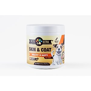 Pets Ultra Skin & Coat Supplement for Dogs 90 Shew Treats, Bacon Flavor, Flax Seed Oil Omega 3,6 and 9, Wild Alaska Salmon Oil,Biotin, Skin Allergy, Itch Relief, Hot Spots Treatment.