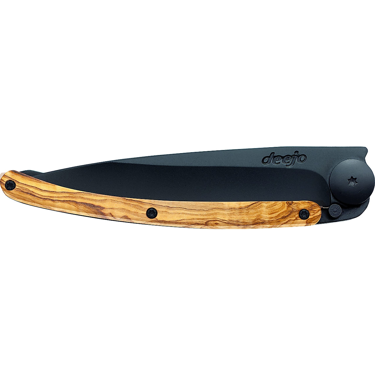 deejo Ultra Lightweight Folding Pocket Knife with Belt Clip - Olive Wood Version 1.3 oz - Fine, Sharp Blade - Black Titanium Coating Stainless Steel - Elegant and Modern Design
