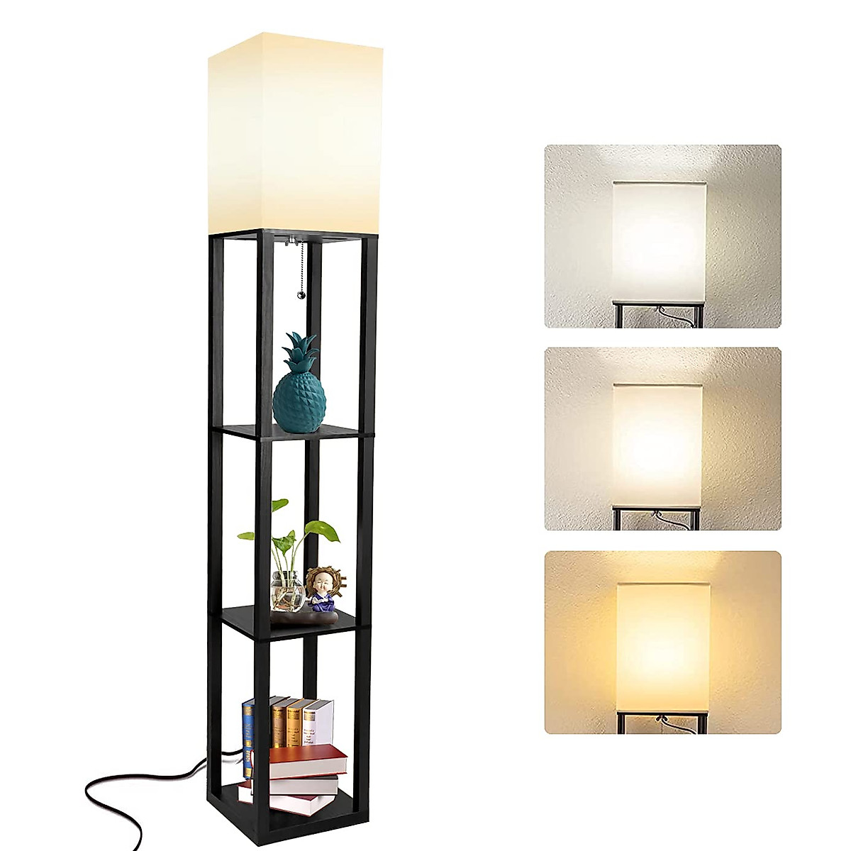 Wishwill Floor Lamp with Shelves, Modern Standing Shelf Lamp with 3 CCT LED Bulb and White Shade for Living Room Bedroom and Office-Black