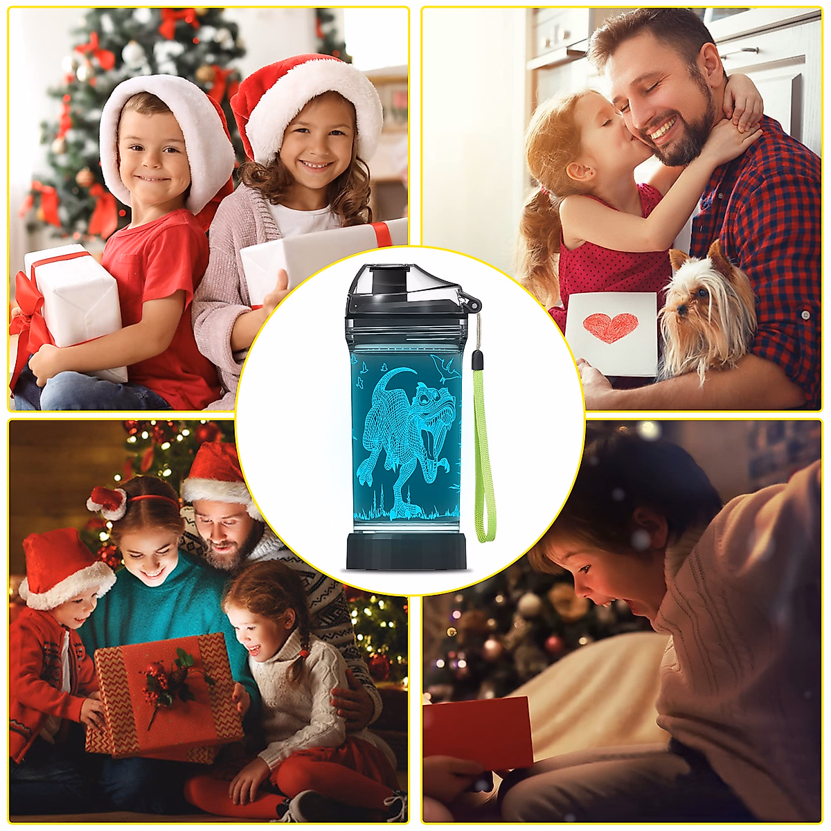 Ammonite Dinosaur Water Bottle for Kids 3D Glowing LED Light T-rex 14 OZ Tritan BPA Free - Creative Ideal Travel Cup Dinosaur Jurassic Gift for School Kid Boy Child Holiday Camping Picnic