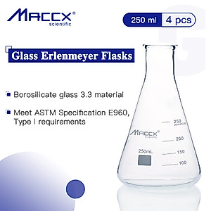 Maccx 8.5oz(250ml) Narrow-Mouth Sturdy Glass Erlenmeyer Flask, 3.3 Borosilicate with Printed Graduation, Pack of 4, EFN250-004