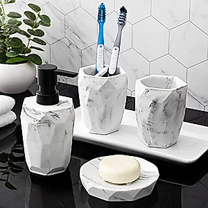 MyGift 4 Piece Modern Bathroom Accessory Set with Marbled Pattern and Geometric Design Includes Lotion Dispenser, Toothbrush Holder, Tumbler, Soap Dish