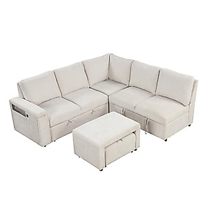 L-Shaped Corner Sectional Sofa Couch, Modern Padded Modular Sofa with Storage Space, USB Ports and Cup Holders on The Armrests, Suitable for Living Rooms, Offices, Apartments (Beige-87WD)