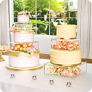 2PCS Clear Acrylic Cake Stand, Fillable Cake Box Riser Cake Tier, Square Cake Display Box with Lid, Decorative Centerpiece Box for Wedding Birthday Party (2pcs, 10" Dx4” H; 6" Dx4” H, 2M LED Lights)