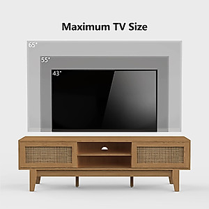 Xilingol TV Stand with Rattan Sliding Doors, Low Profile Television Stands for TVs up to 65 Inches TV, Modern Farmhouse Boho Home Media Console for Living Room Bedroom, 59 Inch