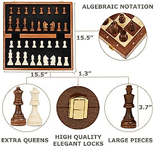 Magnetic Wooden Chess Set for Kids and Adults – 15 in Staunton Chess Set - Large Folding Chess Board Game Sets - Storage for Pieces | Wood Pawns - 2 Extra Queens