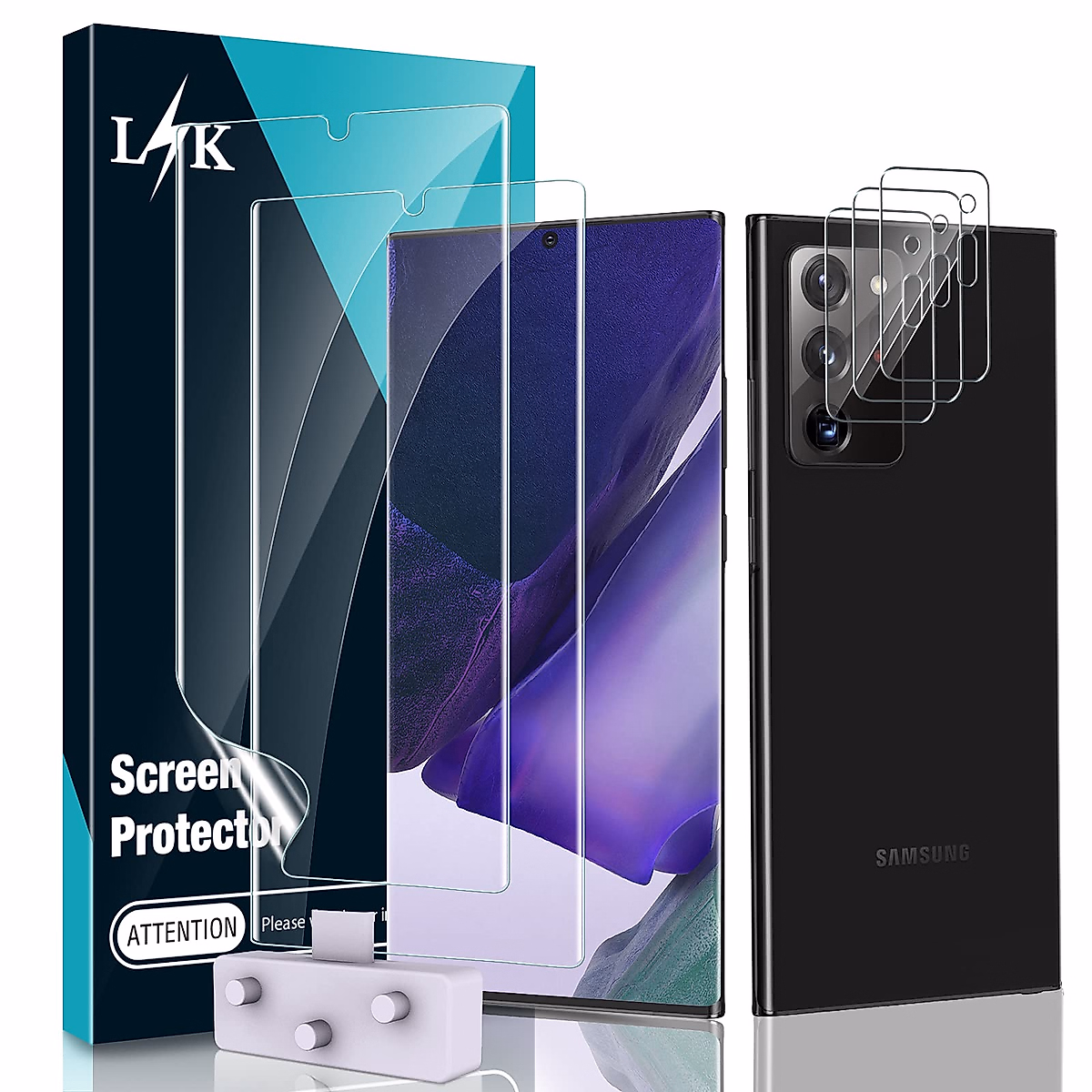[2+3 Pack] LϟK Designed for Samsung Galaxy Note 20 Ultra 5G 6.9 Inch, 2 Pack TPU Film Screen Protector & 3 Pack Camera Lens Protector, Ultrasonic Fingerprint Supported, Locate Tool Precise Alignment