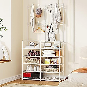 UDEAR 5-Tier Coat and Shoe Rack, Entryway Coat rack with 9 Hooks, Double Row Shoes Organizer for Living Room, Bedroom, Office,White