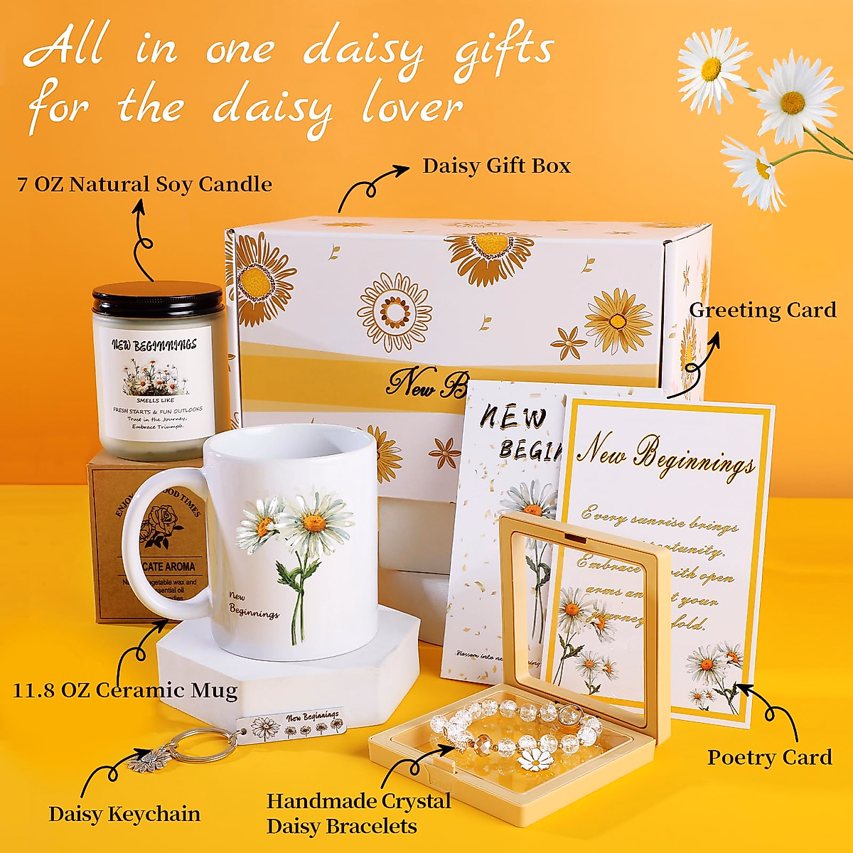 New Beginnings Daisy Box Gifts for Women - Coffee Mug, Candle, Keychain Gift Basket for Graduation, Coworker Leaving, Goodbye, Break Up, Going Away, New Job, New Home, Farewell, Good Luck, Divorce