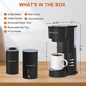NEWSETS Single Serve Coffee Maker for K Cups and Ground Coffee, 4 in 1 Coffee Machine with Grinder and Milk Frother, 6 to 14oz Brew Sizes, 28oz Removable Water Reservoir, Self-cleaning Function, Black
