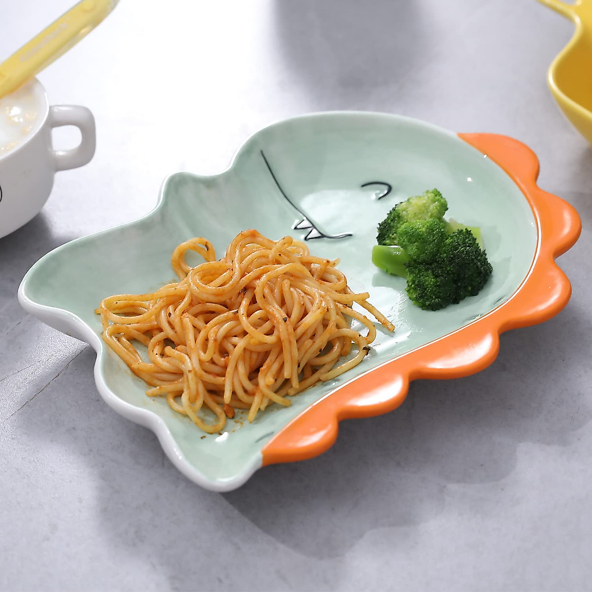 MyGift Fun Adorable Dinosaur Shaped Ceramic Plate, Cute Turquoise Cartoon Stegosaurus with Orange Spine, Small Serving Happy Dino Platter Snack Tray