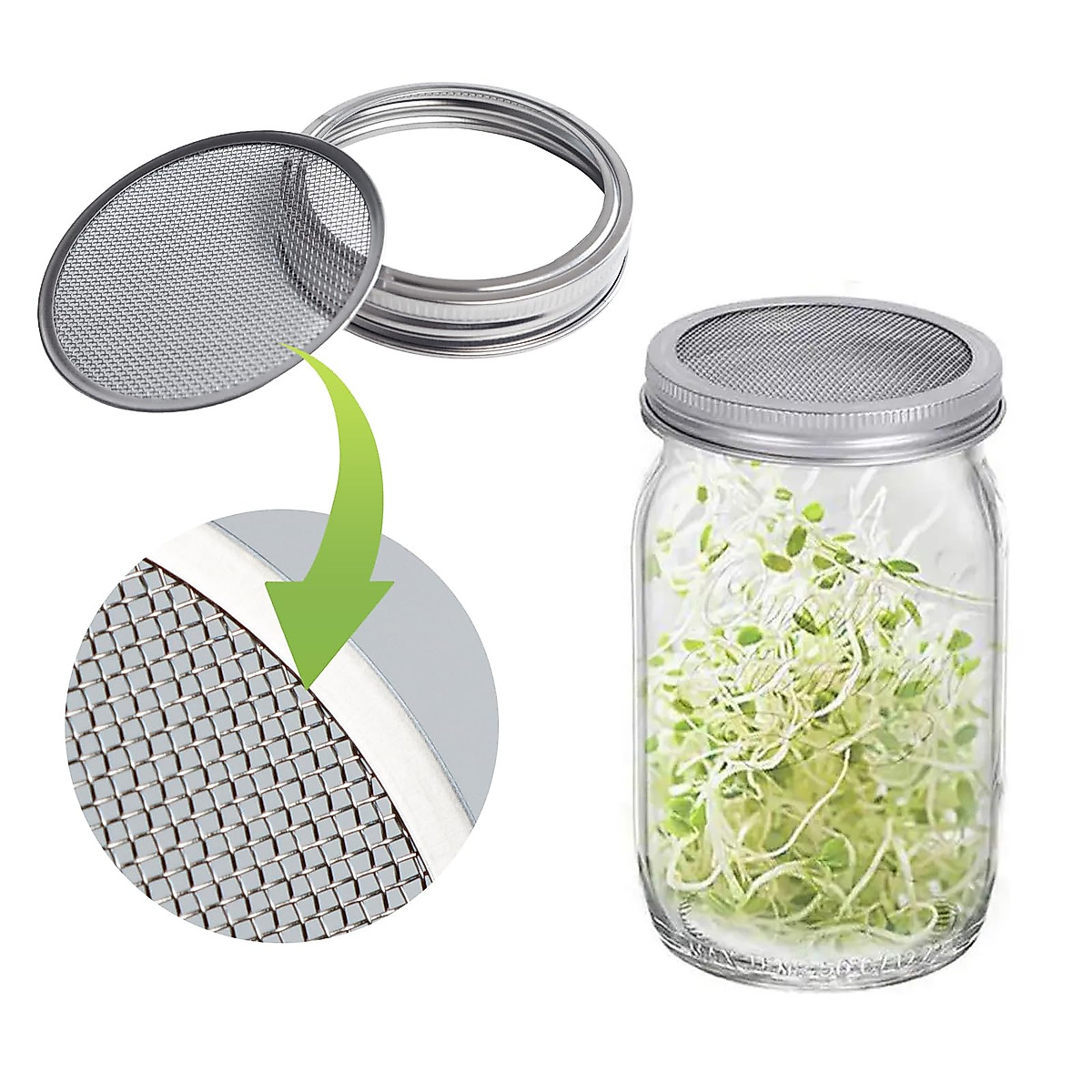 4 Pack Mesh Strainer Jar Stainless Steel Sprouting Jars Mason Wide Mouth Canning Lids for Growing Bean, Seeds and Salad