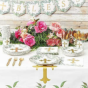 Sparkle and Bash 3 Pack Religious Table Cover for Baptism, First Communion, Catholic Gold Cross Plastic Tablecloth (54 x 108 in)