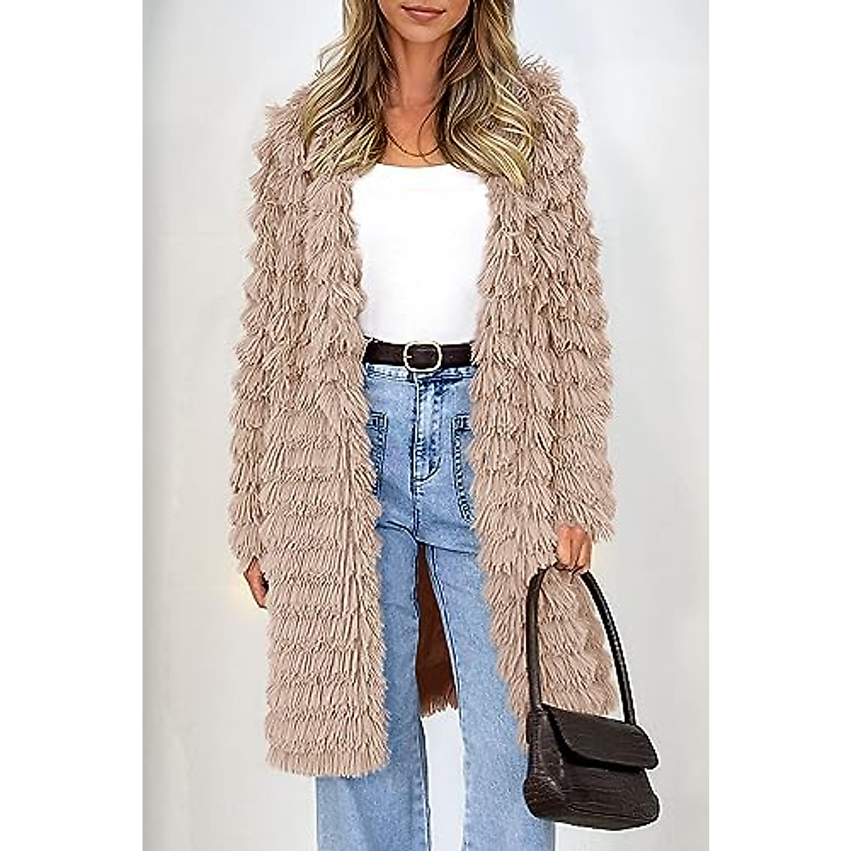 PRETTYGARDEN Women's Winter Faux Fur Jackets Fall Fashion Open Front Long Shaggy Coat Outerwear (Dark Khaki,Large)