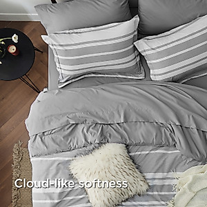 Bedsure Queen 7 Pieces Grey White Striped Queen Bed Set Bundle Cotton Mattress Pad Queen Size