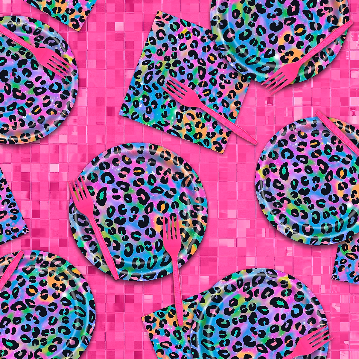 96 Pcs Neon Rainbow Leopard Birthday Tableware Set Girl's Sparkly Paint Splatter Cheetah Party Supplies for 24 Guests Rainbow Leopard Print Pattern Birthday Dinnerware