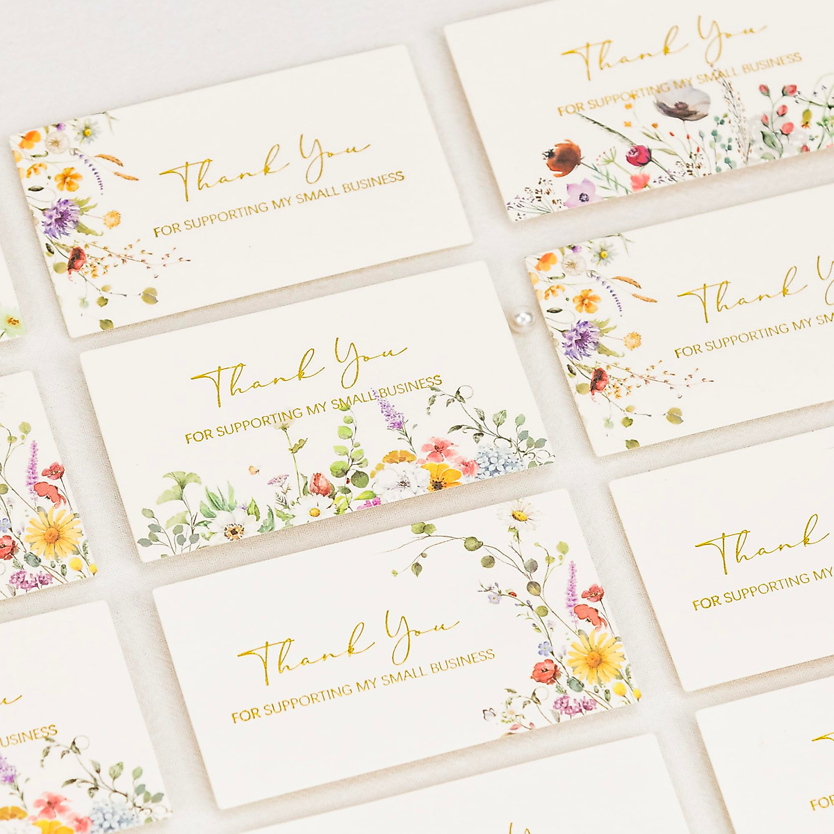 Crisky 150 PCS Thank You Cards for Small Business 4 Assorted Watercolor Wild Flower Thank You for Supporting My Small Business Cards (Gold Foil Calligraphy)