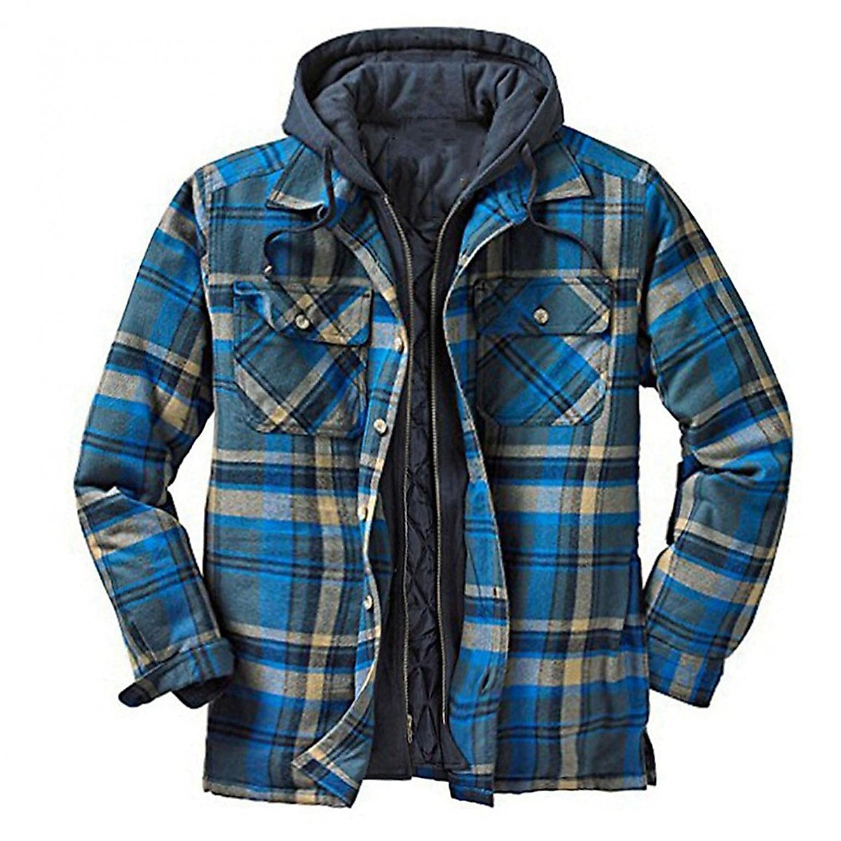 Mens Warm Hooded Flannel Shirts Padded Jackets, CLD Zip Up Heavyweight Thermal Lined Button Down Varsity Jackets S-5XL
