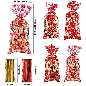 100 Pieces Valentines Party Treat Bags Mixed Heart Print Pattern Cellophane Plastic Goodie Candy Gift Favor Bags with 200 Pieces Gold and Red Twist Ties for Valentine's Day Party Decorations