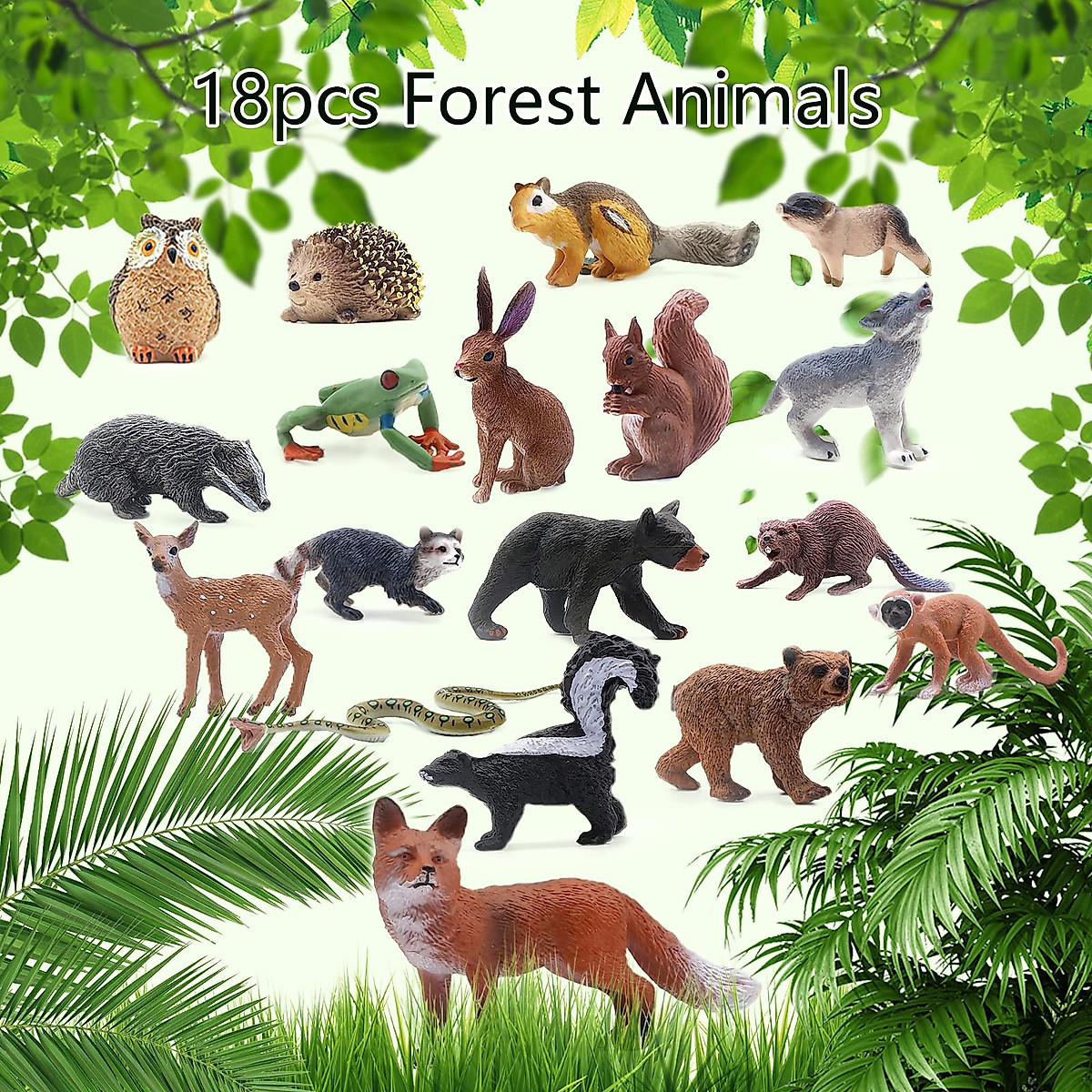 SIENON 18Pcs Forest Animals Figures Toys, Baby Woodland Animals Figurines, Miniature Animals Toys with Owl, Hedgehog, Fox, Squirrels, Bears, Monkey for Woodland Theme Cake Toppers Cupcake Toppers