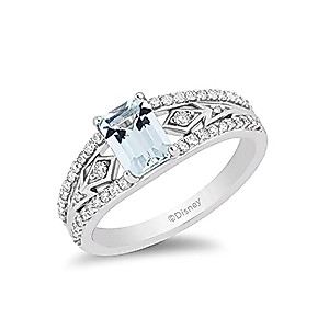 Jewelili Enchanted Disney Fine Jewelry Sterling Silver with 1/4 cttw Diamond and Aquamarine Elsa Ring, Size 7