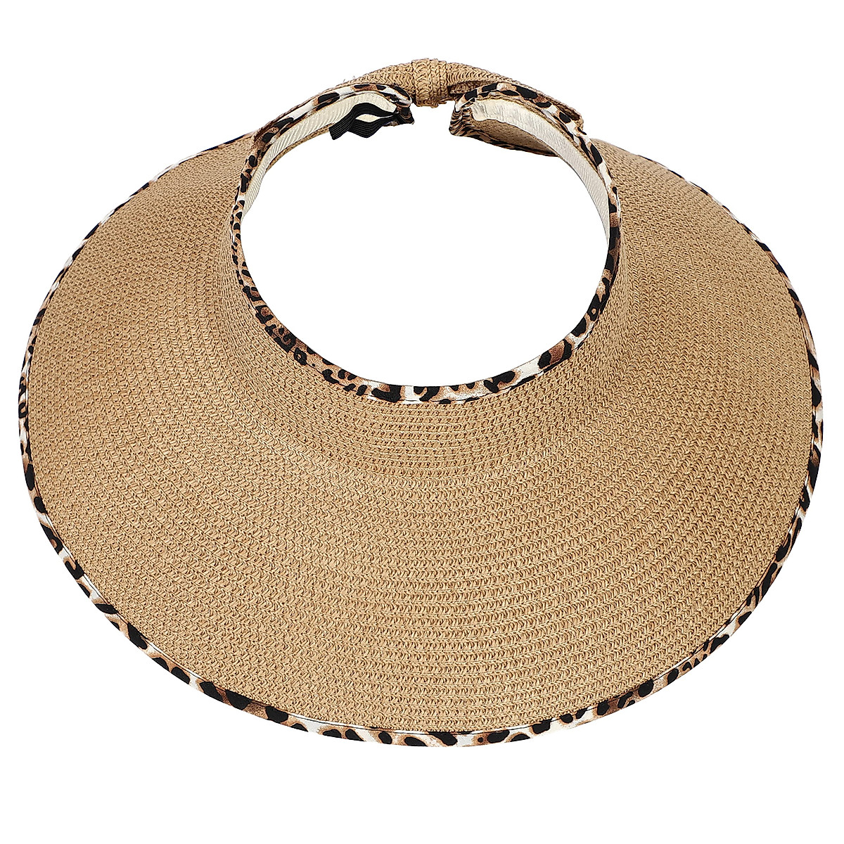 Womens Beach Straw Sun Hats Ponytail Hole Wide Brim Summer Visor Foldable Hat Sun Protection Packable for Travel Pool(One Size,Khaki with Leopard)